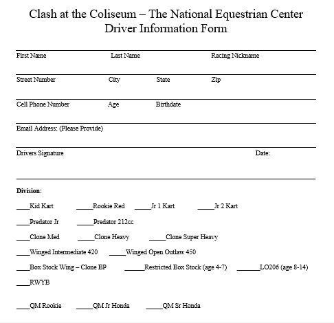 The Equestrian – Driver Information Form – Tri City Speedway